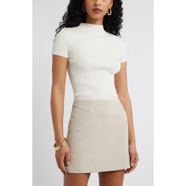 OPEN EDIT Rib Knit Mock Neck Sweater - Ivory Egret