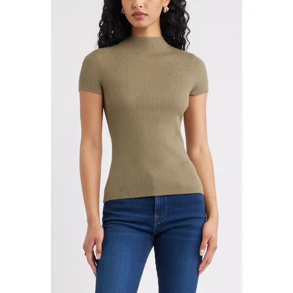 OPEN EDIT Rib Knit Mock Neck Sweater - Olive Dusk
