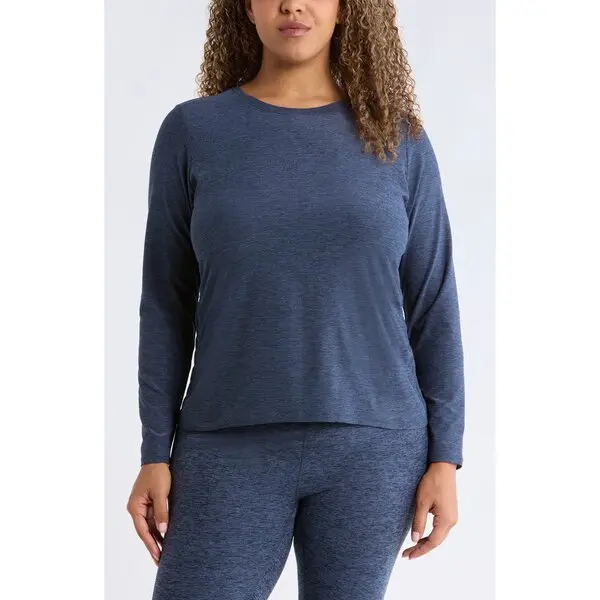 Zella Restore Soft Ruched Long Sleeve T-shirt - Navy Armada Melange