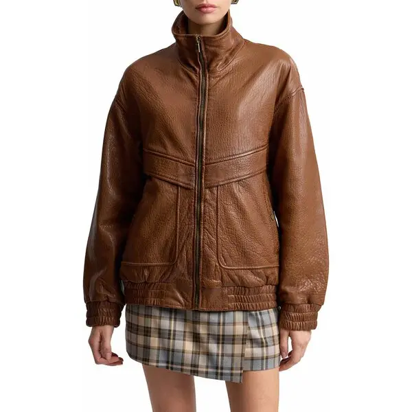 Avec Les Filles Oversized Leather Bomber Jacket - Cognac