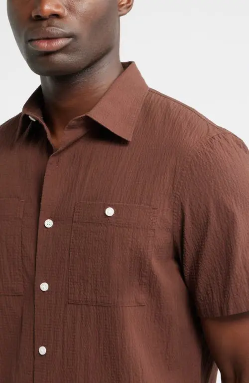 Nordstrom Solid Short Sleeve Cotton Blend Seersucker Button-up Shirt - Brown Rock