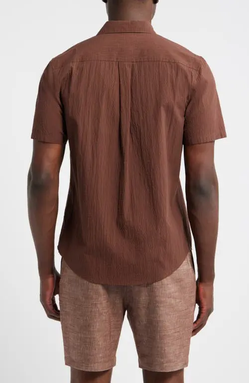 Nordstrom Solid Short Sleeve Cotton Blend Seersucker Button-up Shirt - Brown Rock