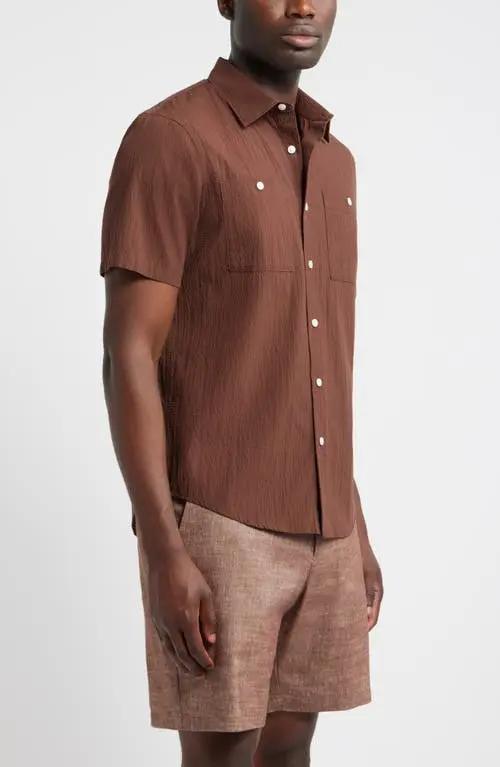 Nordstrom Solid Short Sleeve Cotton Blend Seersucker Button-up Shirt - Brown Rock