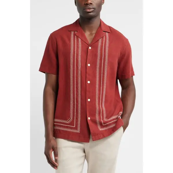 Nordstrom Frame Embroidered Short Sleeve Linen Blend Button-up Shirt - Red Brick Framed Border