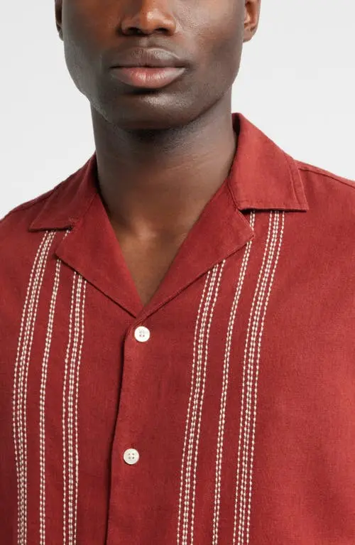 Nordstrom Frame Embroidered Short Sleeve Linen Blend Button-up Shirt