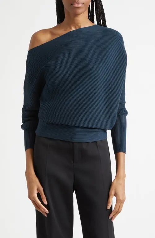 REISS Lorna Rib Knit Off The Shoulder Top - Teal Green