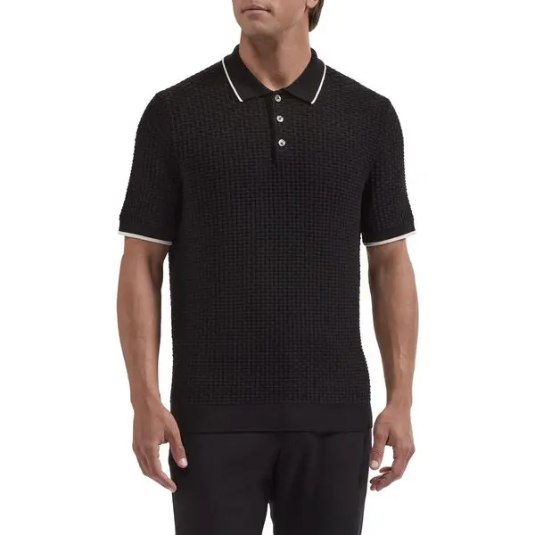 Bugatchi Basket Stitch Cotton Blend Polo Sweater - Black