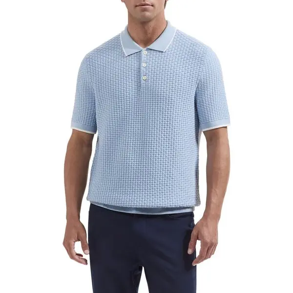 Bugatchi Basket Stitch Cotton Blend Polo Sweater - Hazy Blue