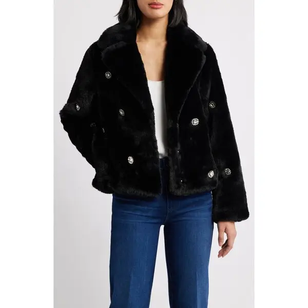 CECE DUPRAZ Rhinestone Button Faux Fur Jacket - Black