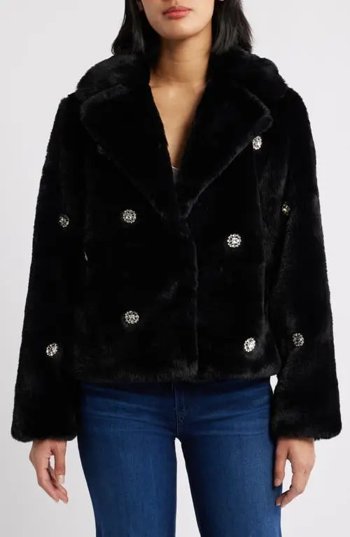 CECE DUPRAZ Rhinestone Button Faux Fur Jacket - Black