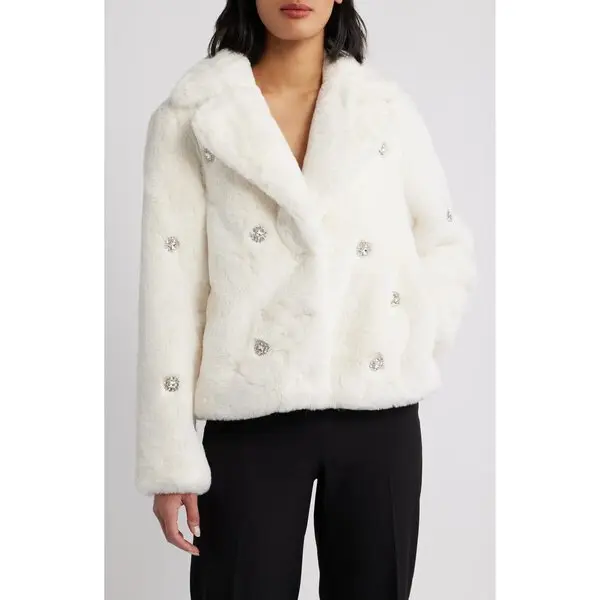 CECE DUPRAZ Rhinestone Button Faux Fur Jacket - Ivory