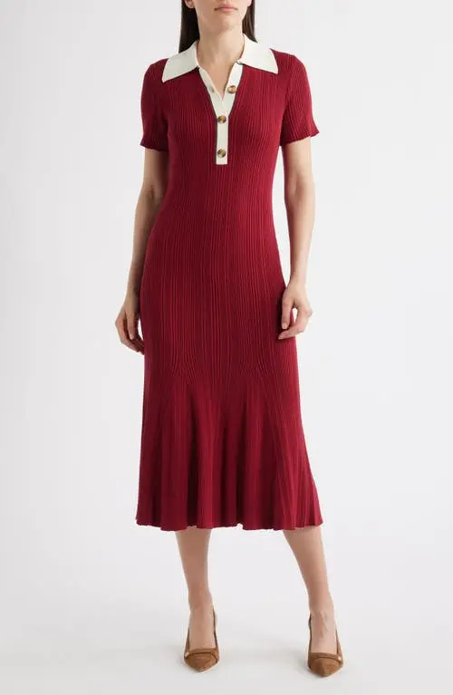 Julia Jordan Short Sleeve Rib Polo Sweater Dress - Red/ivory