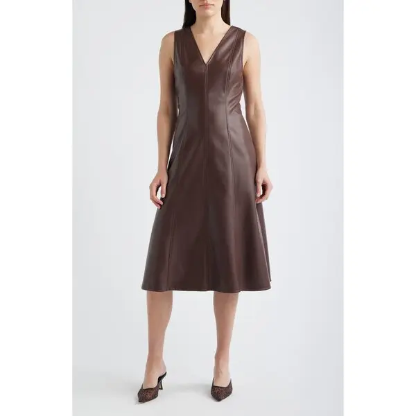 Maggy London V-neck Faux Leather Fit & Flare Midi Dress - French Roast