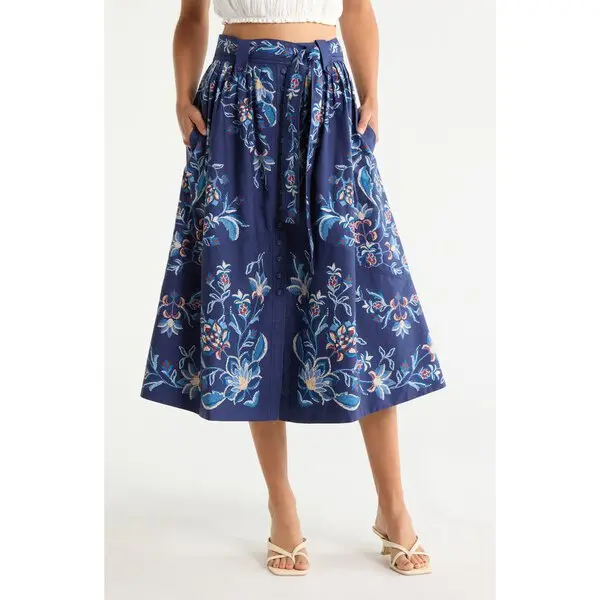 Farm Rio Winter Loom A-line Midi Skirt - Winter Loom Blue