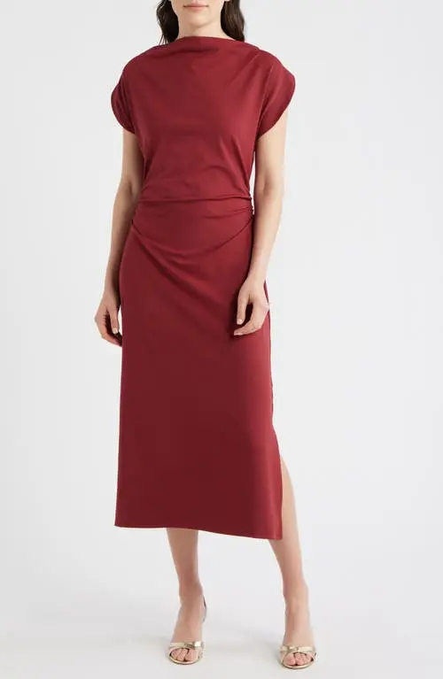 Maggy London Draped Cowl Neck Midi Dress With Side Slit - Cabernet