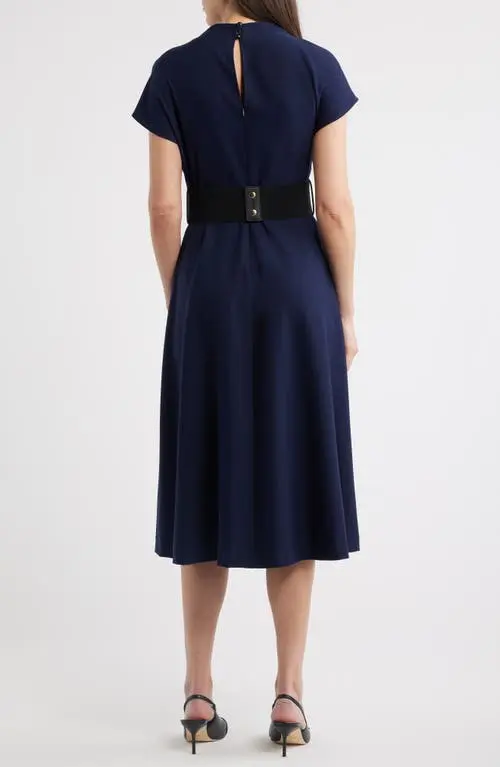 Eliza J Funnel Neck Flared Midi Dress - Navy