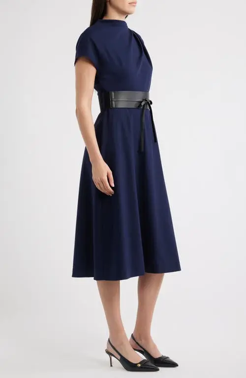 Eliza J Funnel Neck Flared Midi Dress - Navy