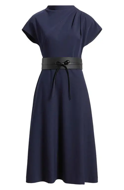 Eliza J Funnel Neck Flared Midi Dress - Navy