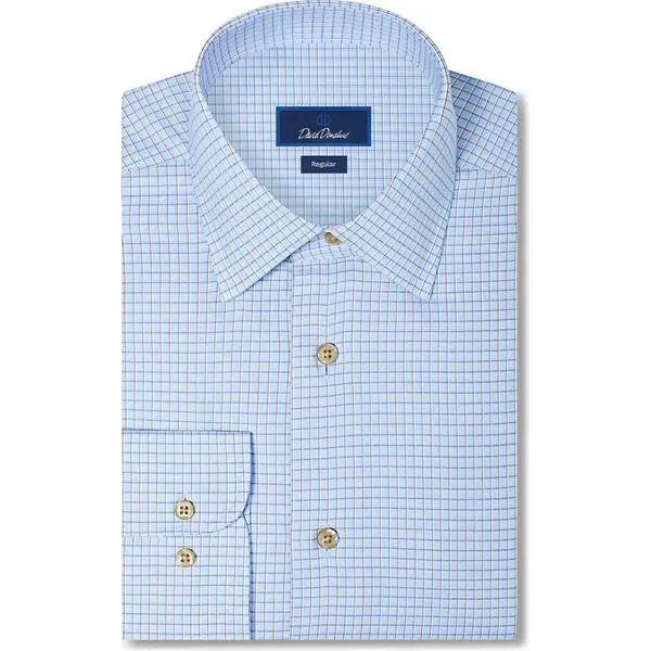 David Donahue Regular Fit Check Cotton Dobby Dress Shirt - Sky/dune