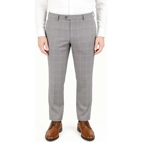 Berle Lightweight Windowpane Check Flat Front Mesh Weave Wool Dress Pants