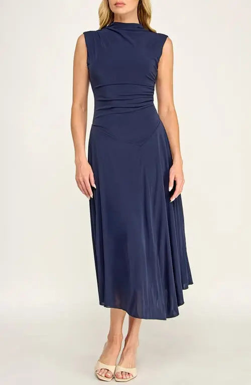 SOCIALITE Ruched Funnel Neck Dress - Navy