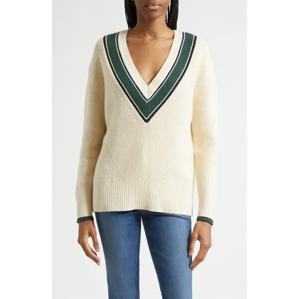 Veronica Beard Jovren Contrast Detail Cotton & Cashmere Sweater - Ecru