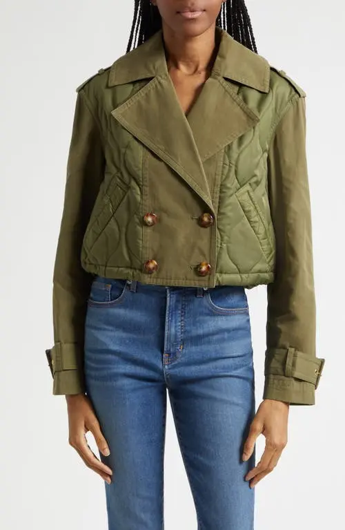 Veronica Beard Harris Crop Mixed Media Double Breasted Jacket - Stone Army