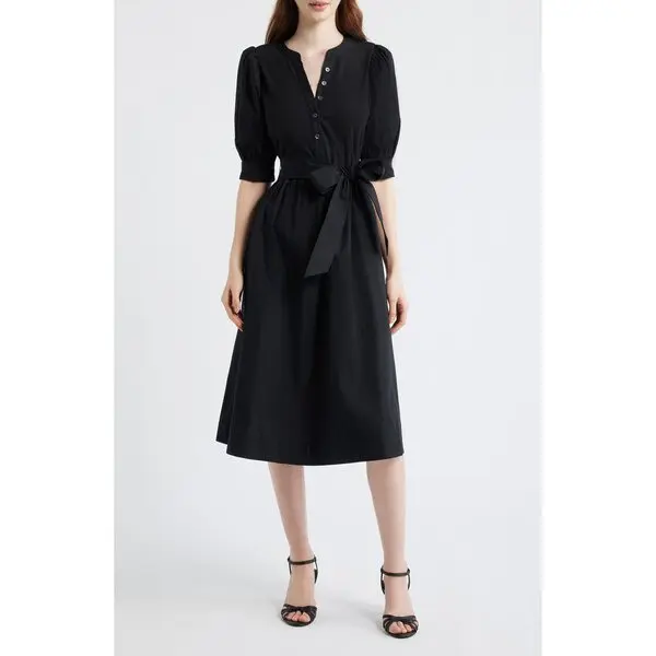 Eliza J Twofer Mixed Media Belted Midi Dress - Black