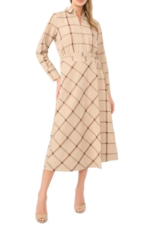 Vince Camuto Windowpane Plaid Long Sleeve Wrap Skirt Shirtdress - Fall Camel