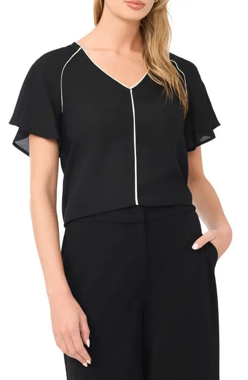 Vince Camuto Piped Flutter Sleeve Top - Rich Black