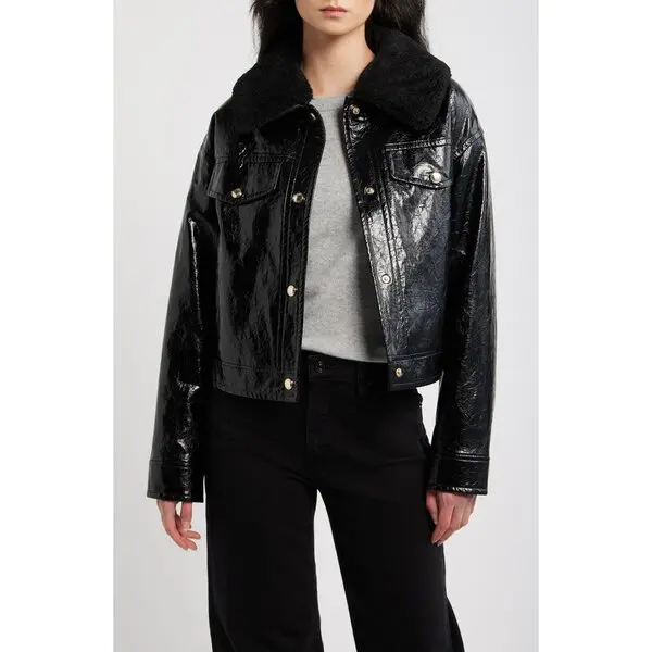 Michael Kors Faux Patent Leather & Faux Shearling Jacket - Black
