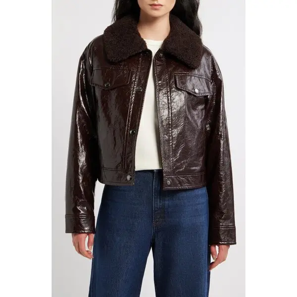 Michael Kors Faux Patent Leather & Faux Shearling Jacket - Deep Red