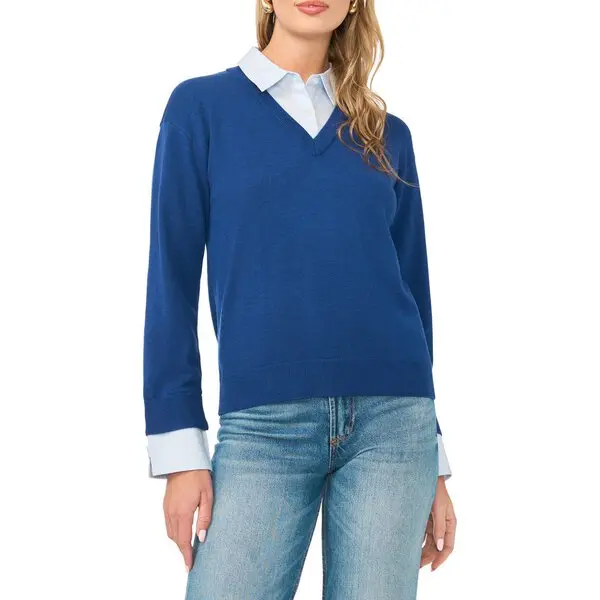 Vince Camuto Layered Look V-neck Sweater - Navy Dusk