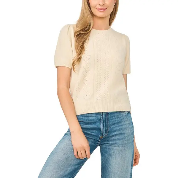 CECE DUPRAZ Short Sleeve Pointelle Sweater - Birch