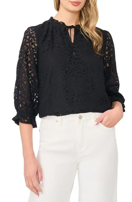 CECE DUPRAZ Lace Ruffle Tie Neck Top - Rich Black