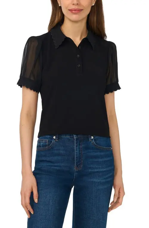 CECE DUPRAZ Scallop Trim Puff Sleeve Polo - Rich Black