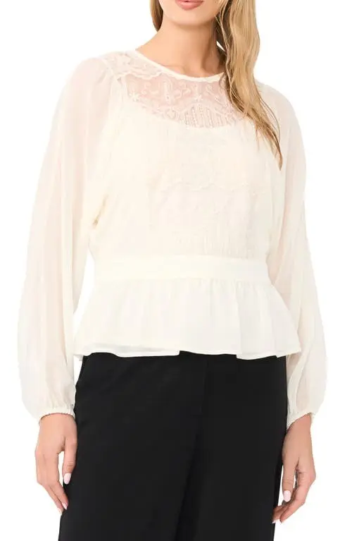 Vince Camuto Embroidered Mesh Yoke Peplum Top - Toasted Ivory
