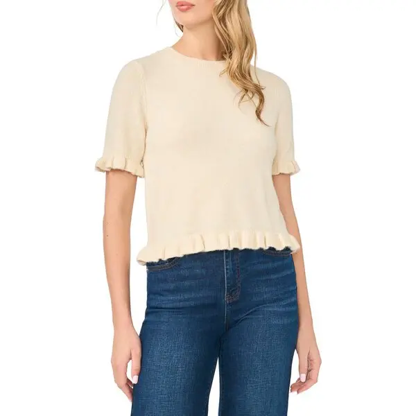 CECE DUPRAZ Ruffle Trim Short Sleeve Sweater - Birch