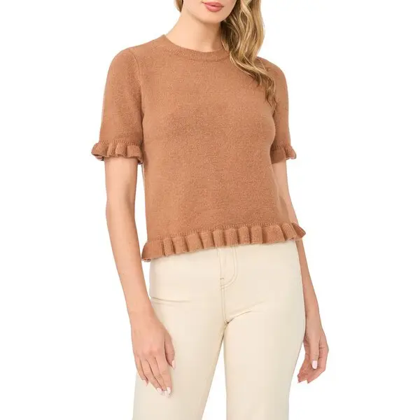 CECE DUPRAZ Ruffle Trim Short Sleeve Sweater - Raw Umber