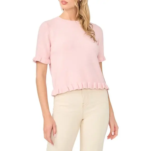CECE DUPRAZ Ruffle Trim Short Sleeve Sweater - Veiled Pink