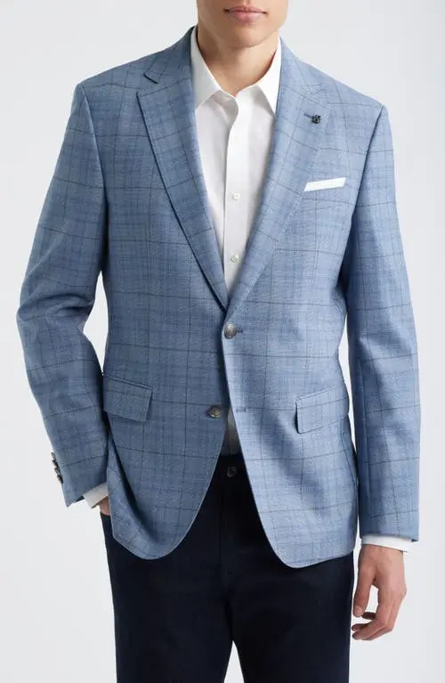 BOSS Hutson Slim Fit Light Blue Windowpane Check Slub Sport Coat - Grey/blue