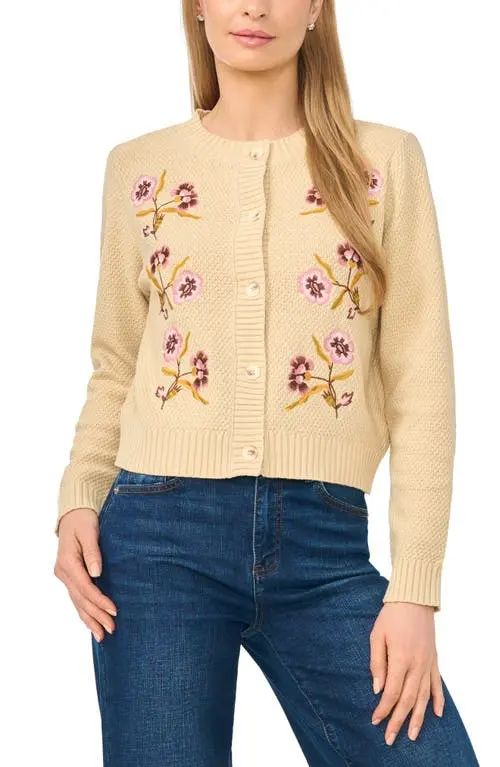 CECE DUPRAZ Embroidered Cotton Blend Cardigan - Bamboo Beige