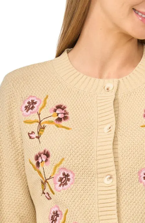 CECE DUPRAZ Embroidered Cotton Blend Cardigan - Bamboo Beige