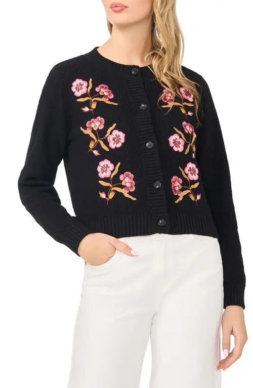 CECE DUPRAZ Embroidered Cotton Blend Cardigan - Rich Black