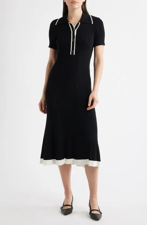 Julia Jordan Ribbed Knit Polo Sweater Dress With Contrast Trim - Black/ivory