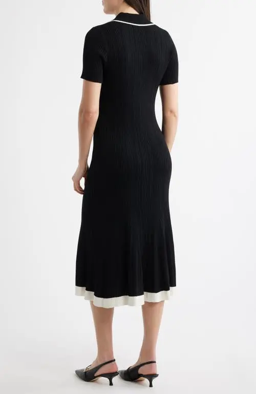 Julia Jordan Ribbed Knit Polo Sweater Dress With Contrast Trim - Black/ivory