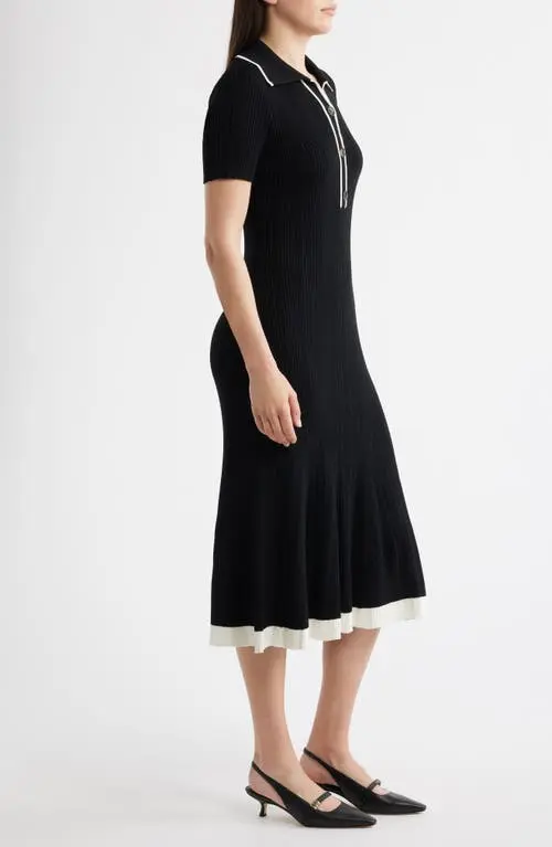 Julia Jordan Ribbed Knit Polo Sweater Dress With Contrast Trim - Black/ivory