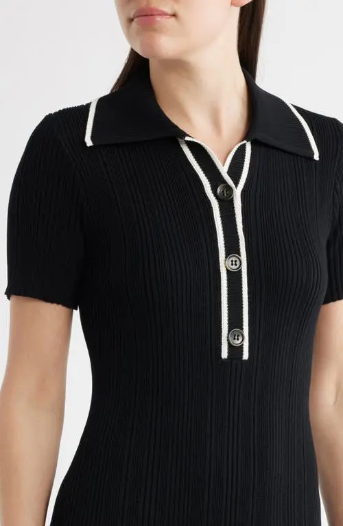 Julia Jordan Ribbed Knit Polo Sweater Dress With Contrast Trim - Black/ivory