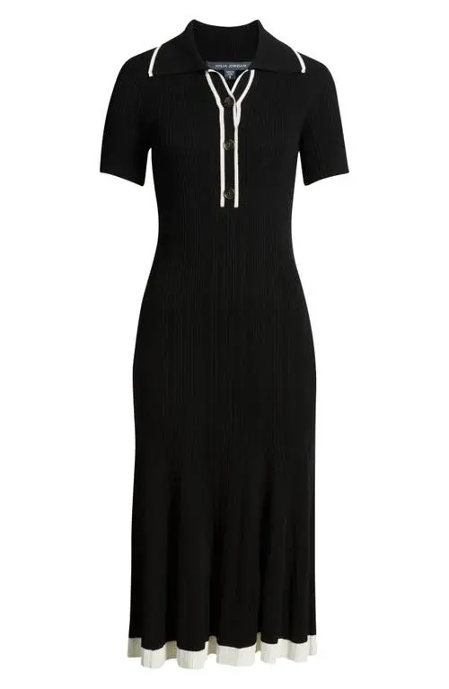 Julia Jordan Ribbed Knit Polo Sweater Dress With Contrast Trim - Black/ivory