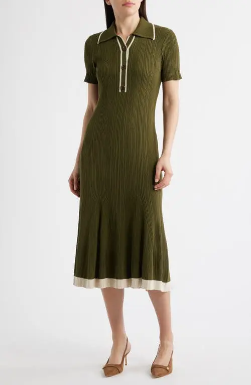 Julia Jordan Short Sleeve Rib Polo Sweater Dress - Light Olive/ivory
